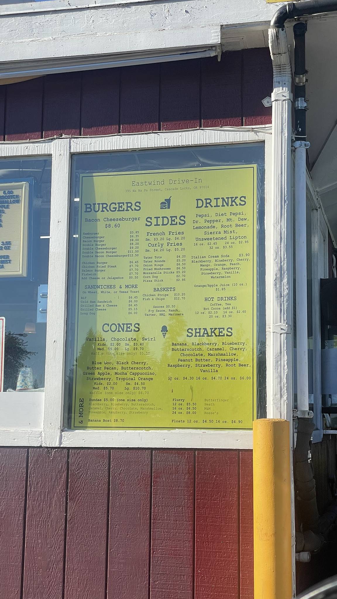 Menu at Eastwind Drive-In restaurant, Cascade Locks