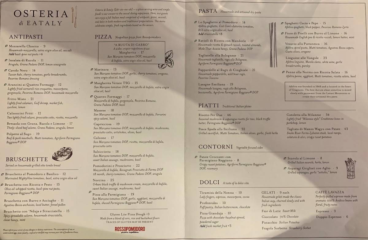 Menu at Eataly pizzeria, Chicago