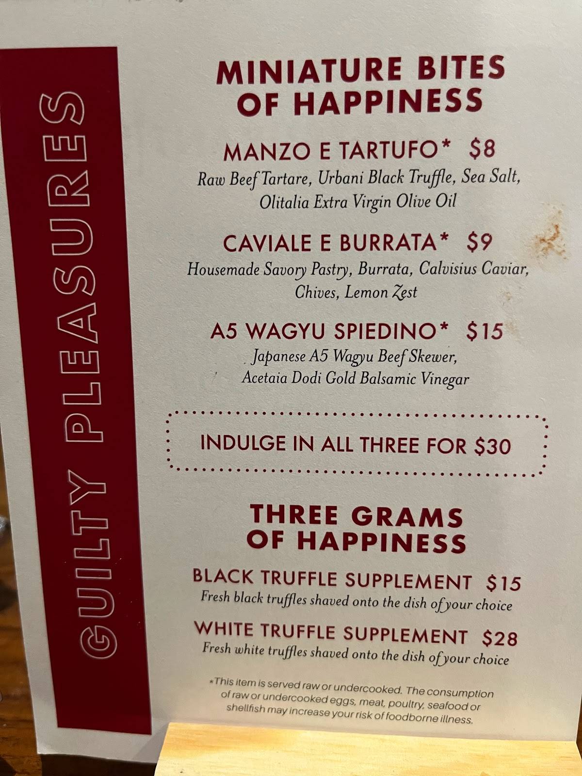 Menu at Eataly pizzeria, Chicago