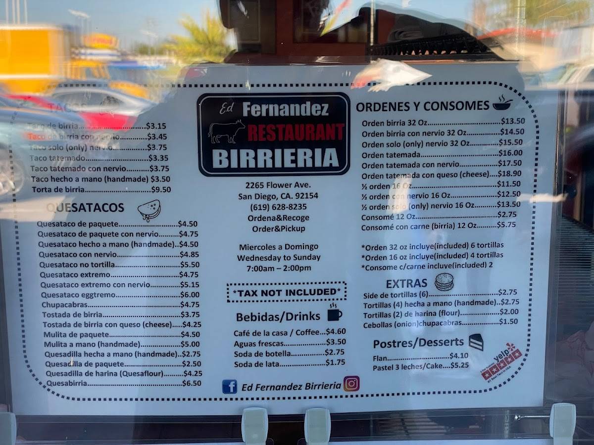 Menu at Ed Fernandez Restaurant Birrieria, San Diego