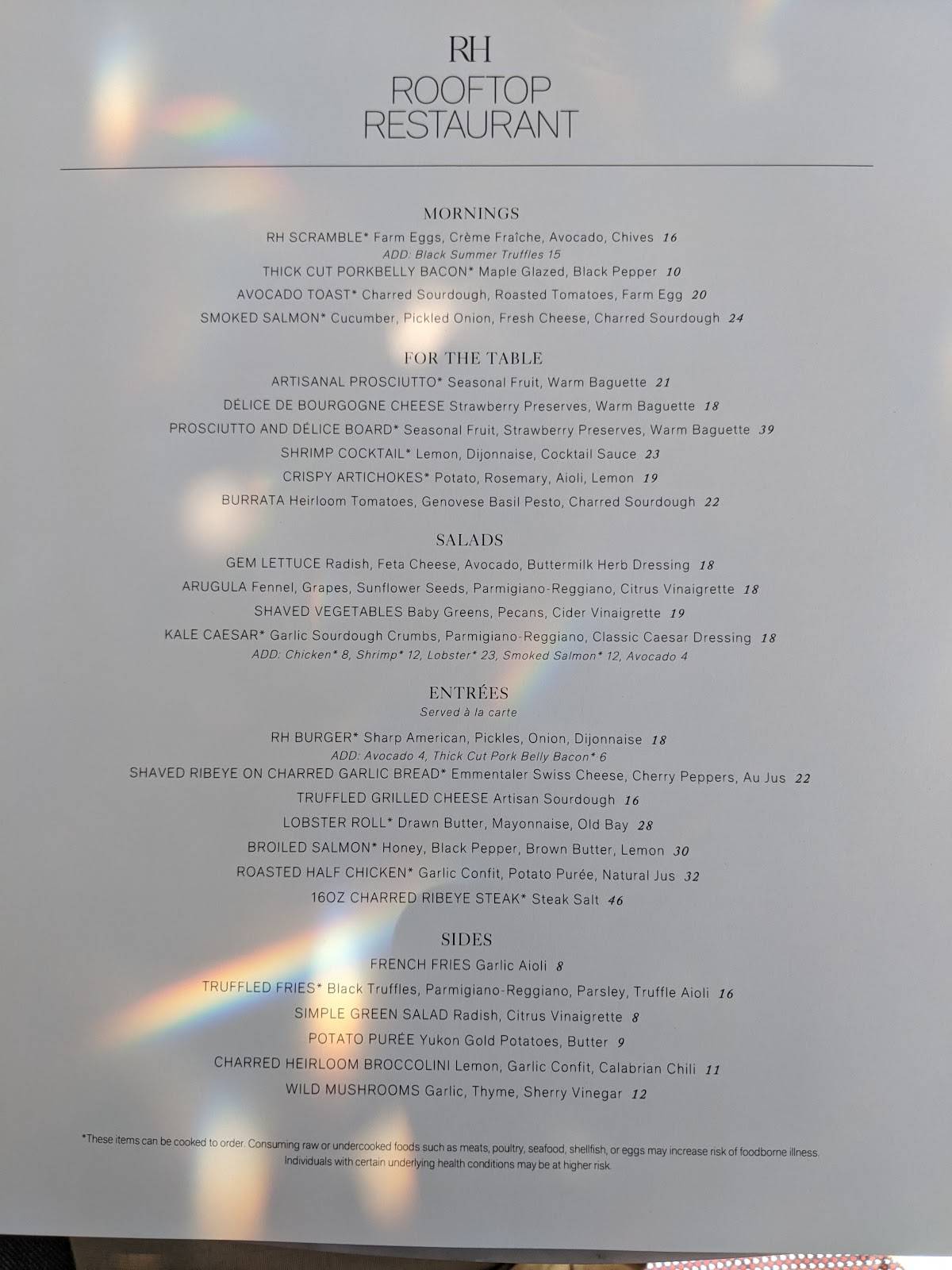Menu at RH Rooftop Restaurant Minneapolis, Edina