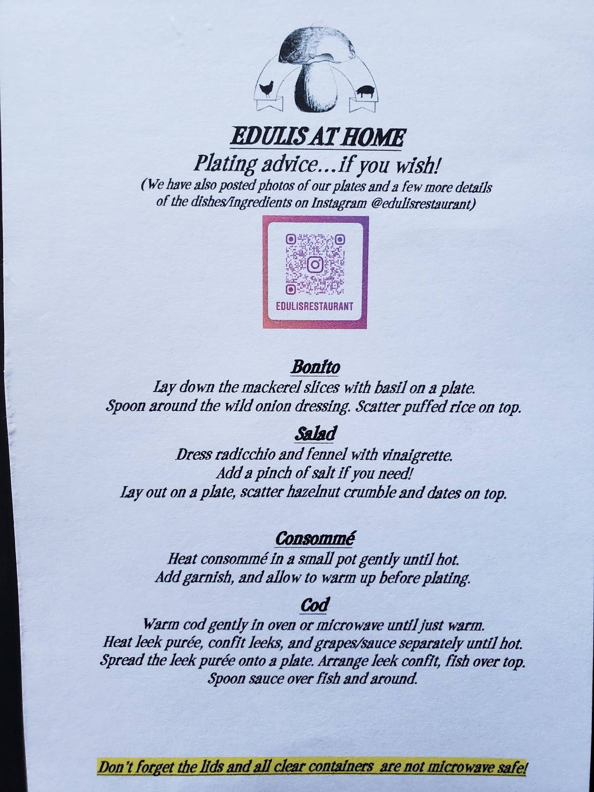 Menu at Edulis Restaurant, Toronto, 169 Niagara St