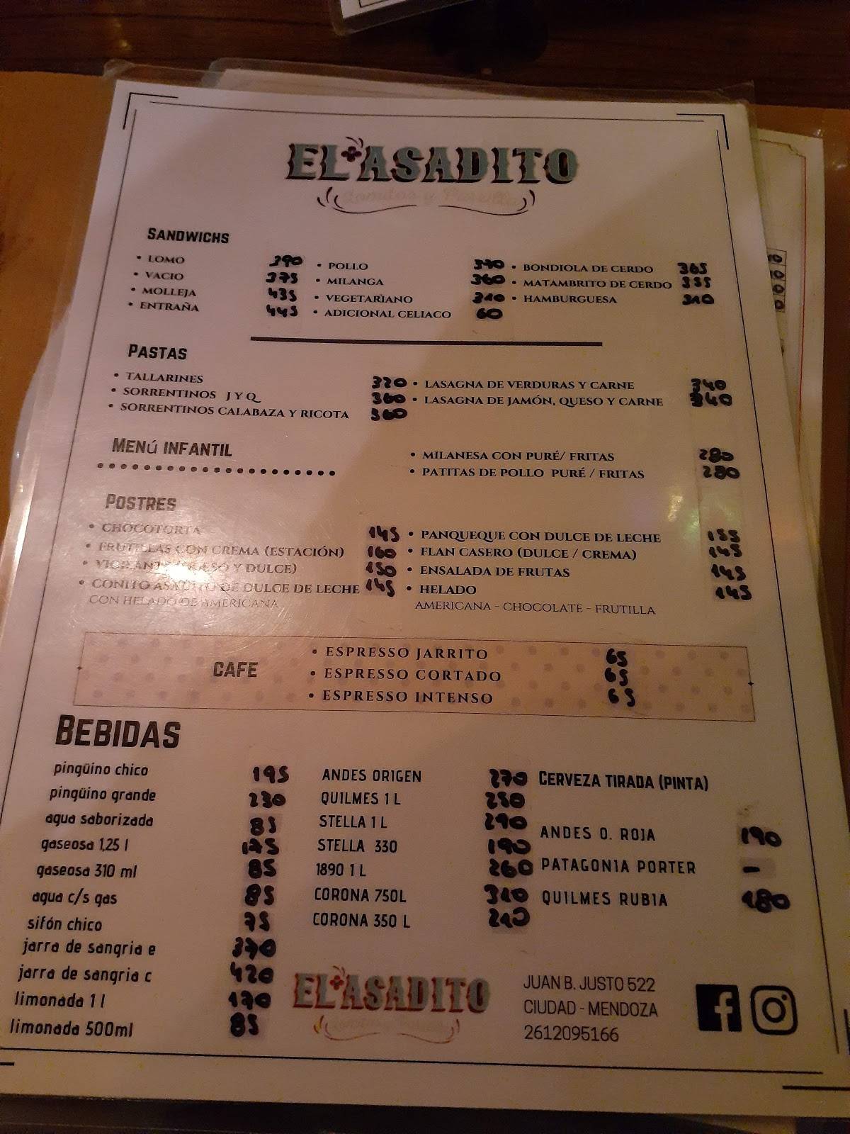 Carta de parrilla El Asadito · Juan B Justo, Mendoza
