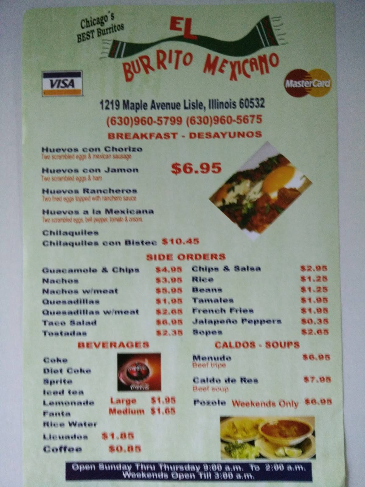 Menu at El Burrito Mexicano restaurant, Lisle, Maple Ave