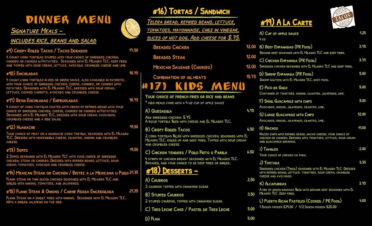 Menu at El Milagro Bakery and Taqueria, Quarryville