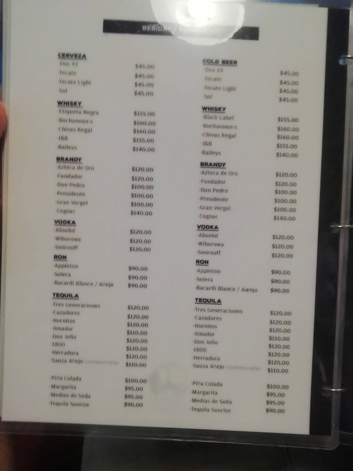Carta del restaurante El Muelle, Santa Rosalía