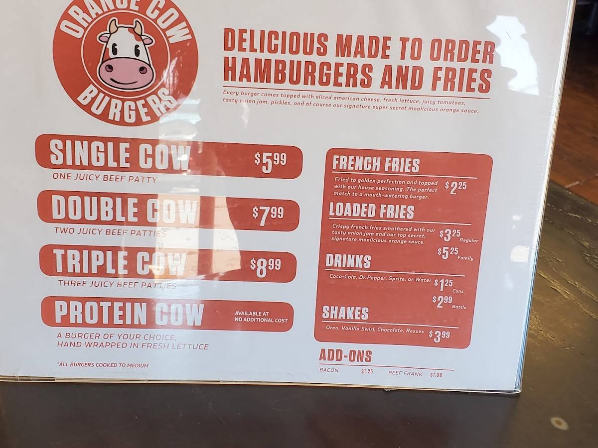Menu at Orange Cow Burgers restaurant, El Paso