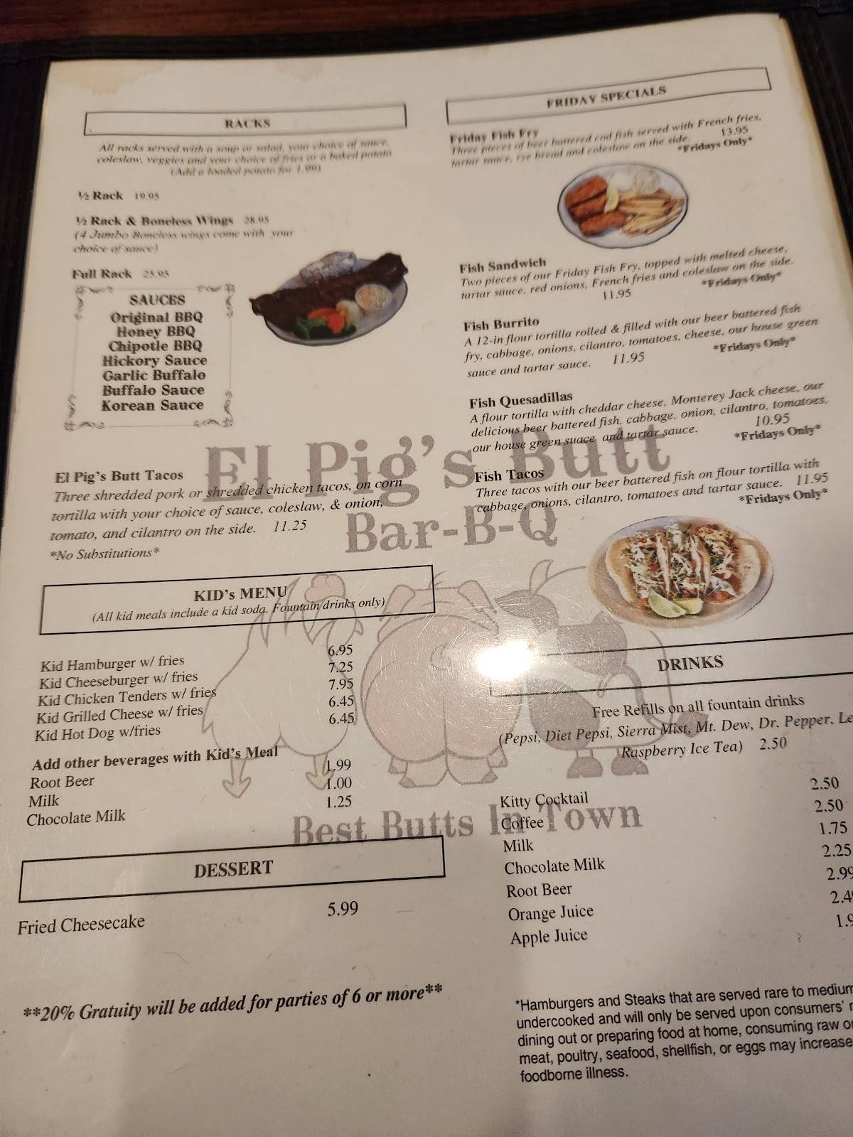 Menu at El Pig’s Butt Bar-B-Q, Kewaskum