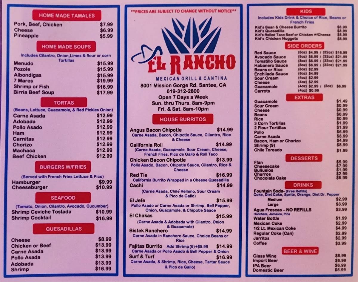 Menu at El Rancho restaurant, Santee