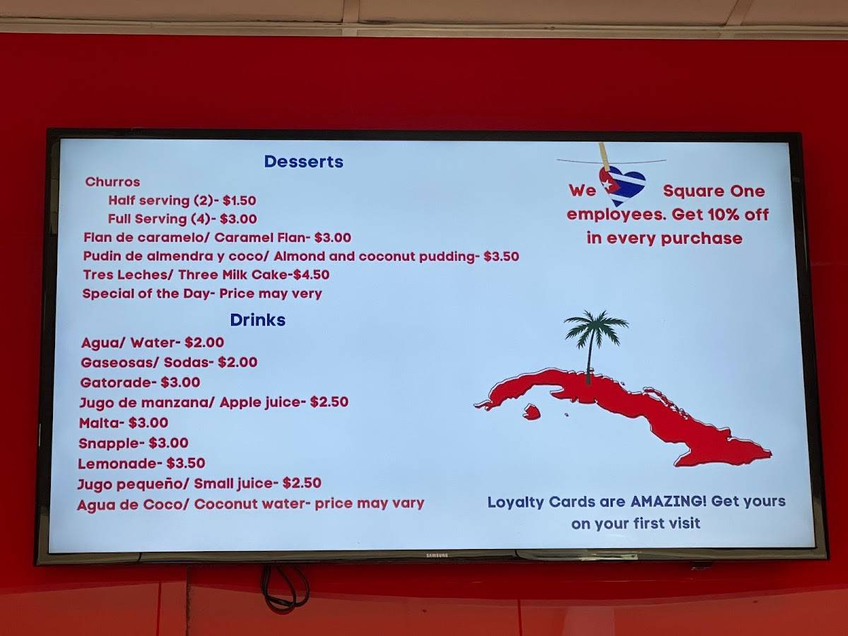 Carta del restaurante El guajiro Cubano, Saugus