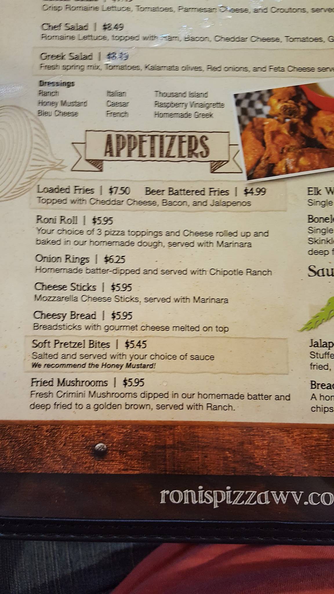 Menu at Roni's Pizza Bar, Elkview, Frame Rd