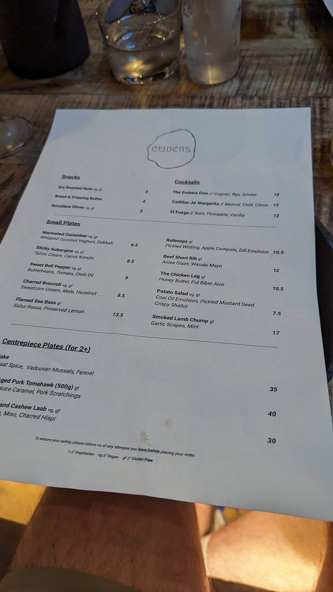 Menu at Embers restaurant, Brighton