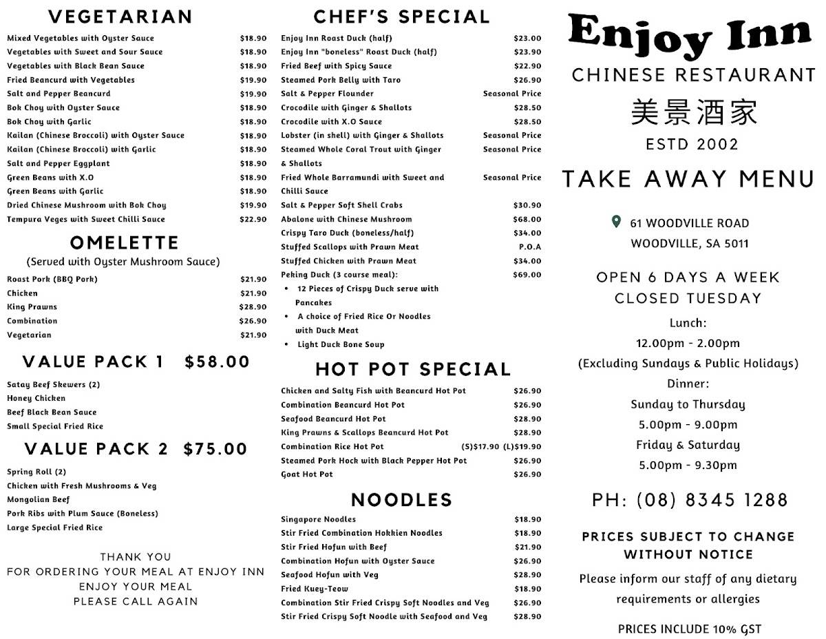 Menu at Enjoy Inn restaurant, Woodville