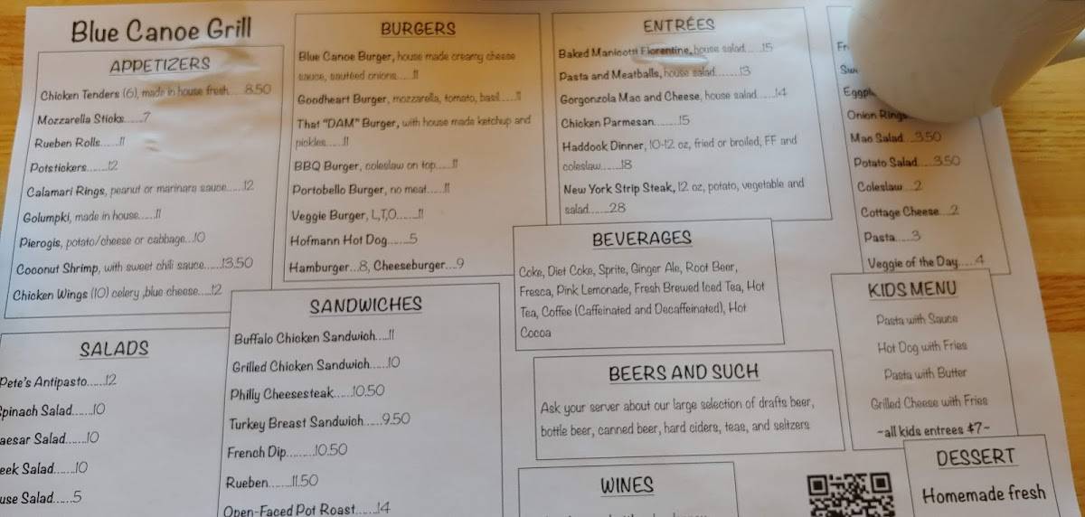 Menu at Blue Canoe Grill restaurant, Erieville, N Lake Rd