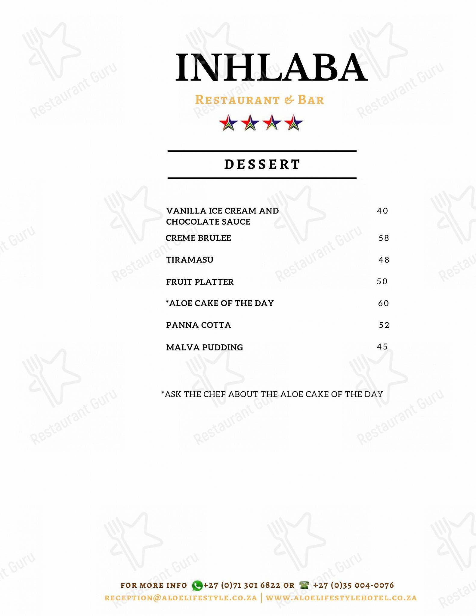Menu at Aloe Lifestyle Hotel restaurant, Eshowe