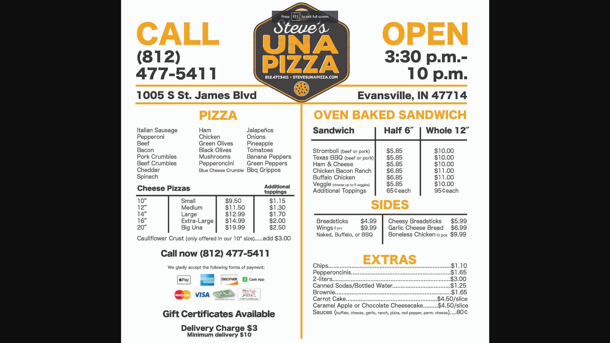 Menu at Steve's Una Pizza pizzeria, Evansville, S St James Blvd