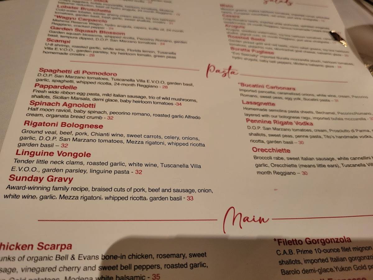 Menu at Evo Italian restaurant, Tequesta