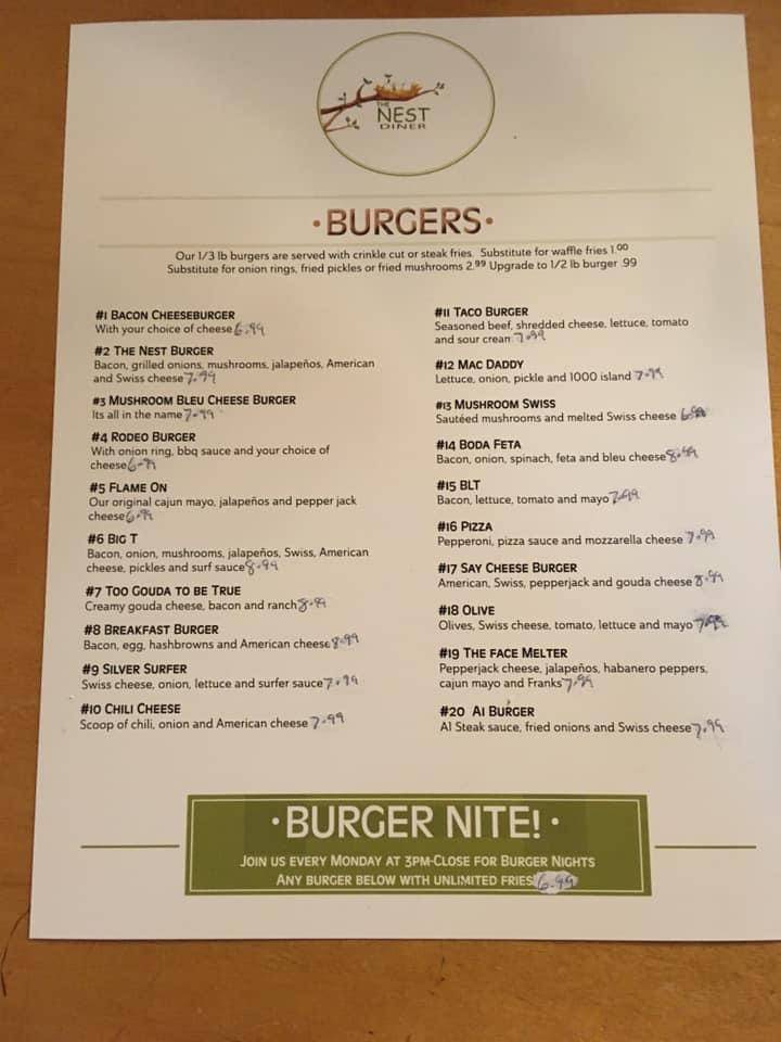 Menu at The Nest restaurant, Farwell
