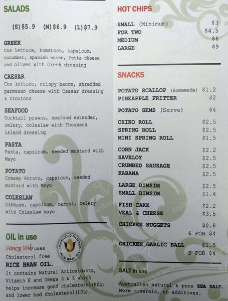 Menu at Fancy Fish fast food, Flinders View