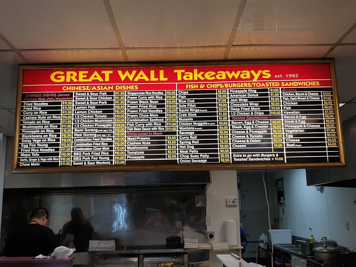 Menu at Great Wall Takeaways fast food, Dunedin