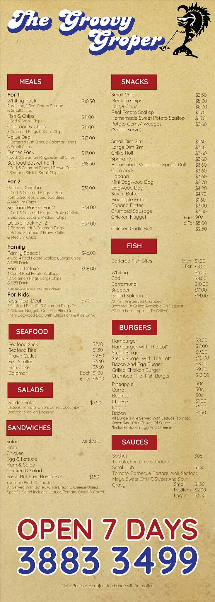 Menu at Groovy Groper fast food, Clontarf