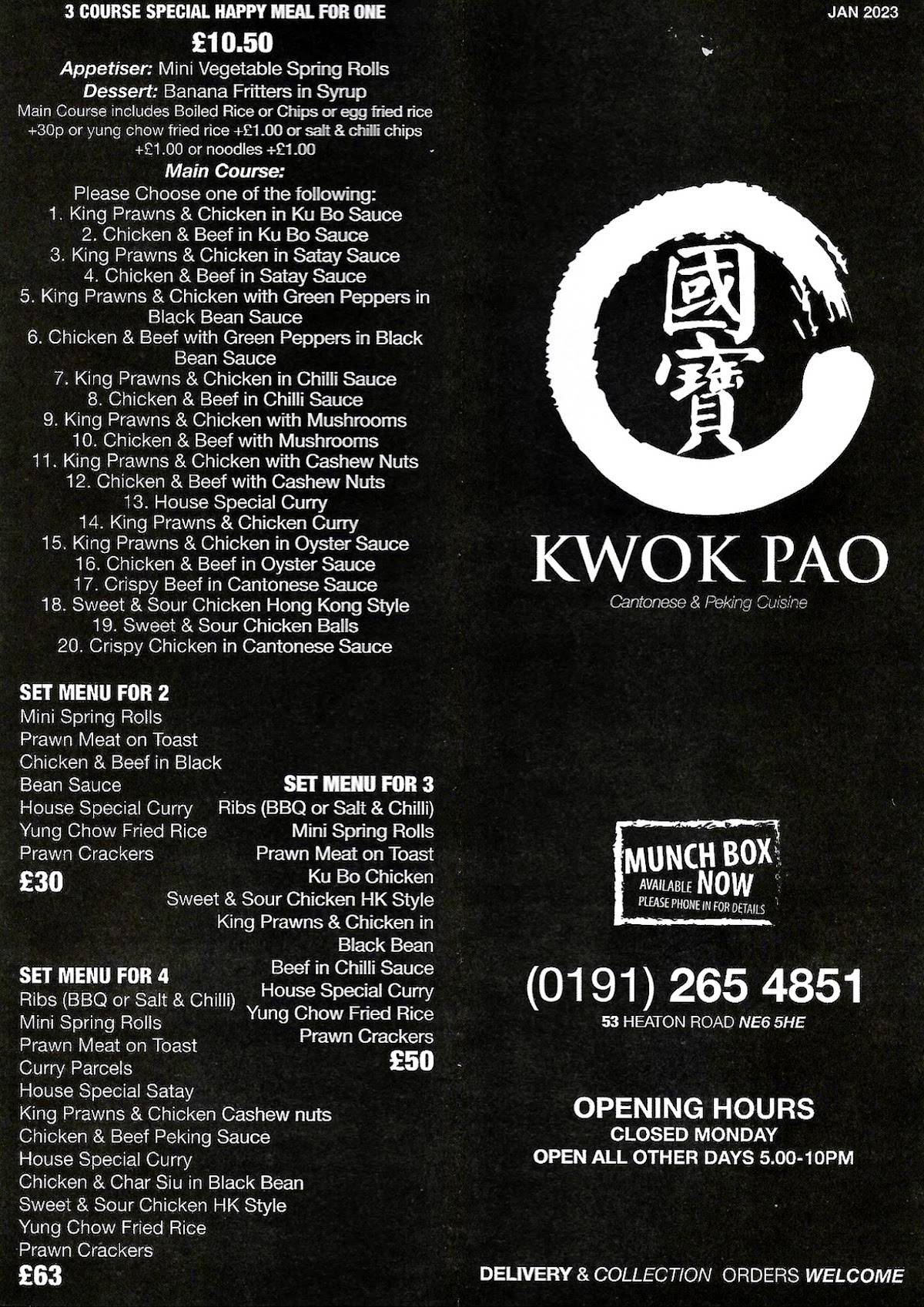 Menu at Kwok Pao fast food, Newcastle upon Tyne