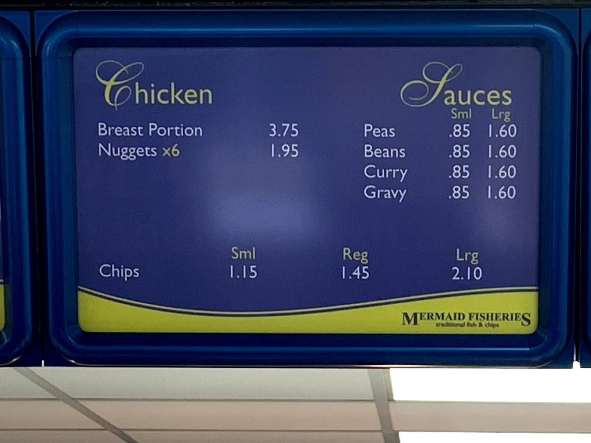 Menu at Mermaid Fisheries fast food, Horncastle