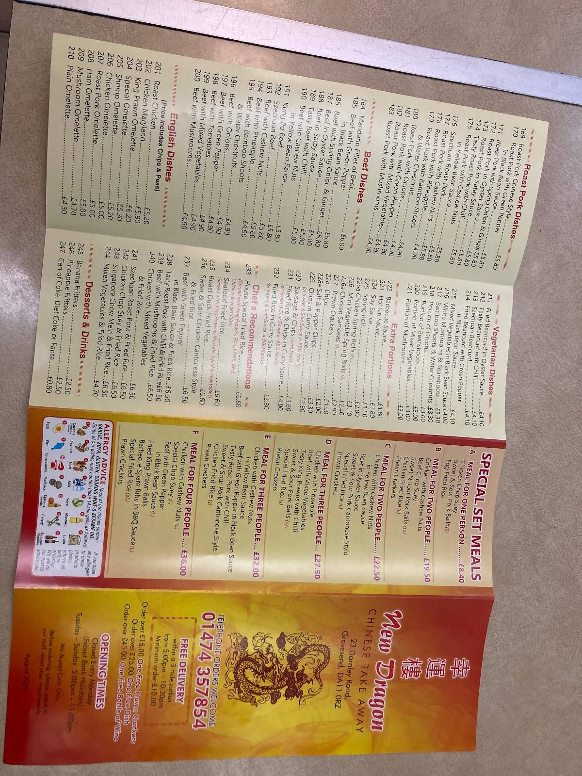 Menu at New Dragon fast food, Gravesend
