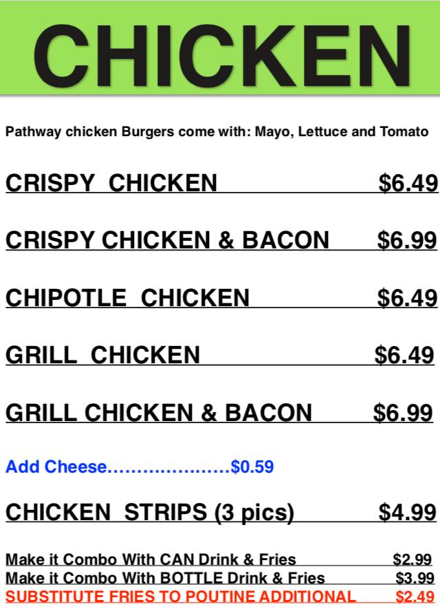 Menu au PATHWAY BURGERS & MOMOS fast food, Calgary