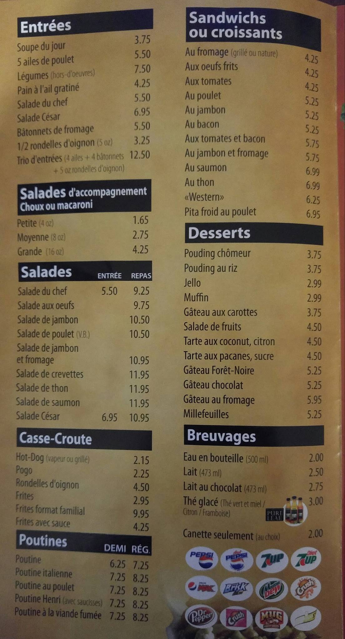 Menu au Restaurant Chez Henri, Joliette