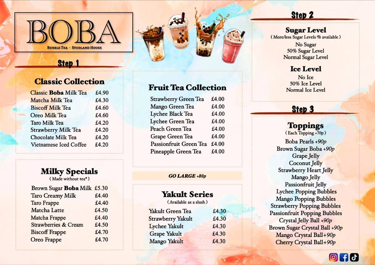 Menu at Studland House x BOBA fast food, Newmarket