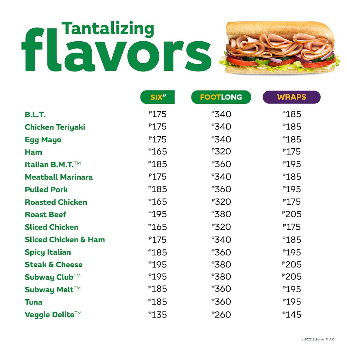 Menu at Subway - ATC fast food, Muntinlupa, ATC Corporate Center