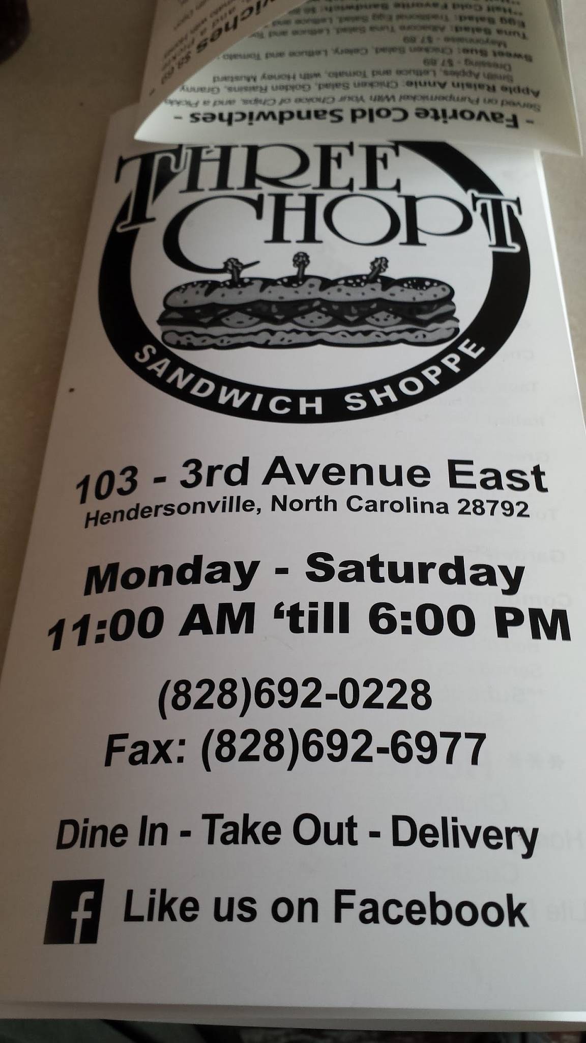 Menu at Three Chopt Sandwich Shoppe fast food, Hendersonville