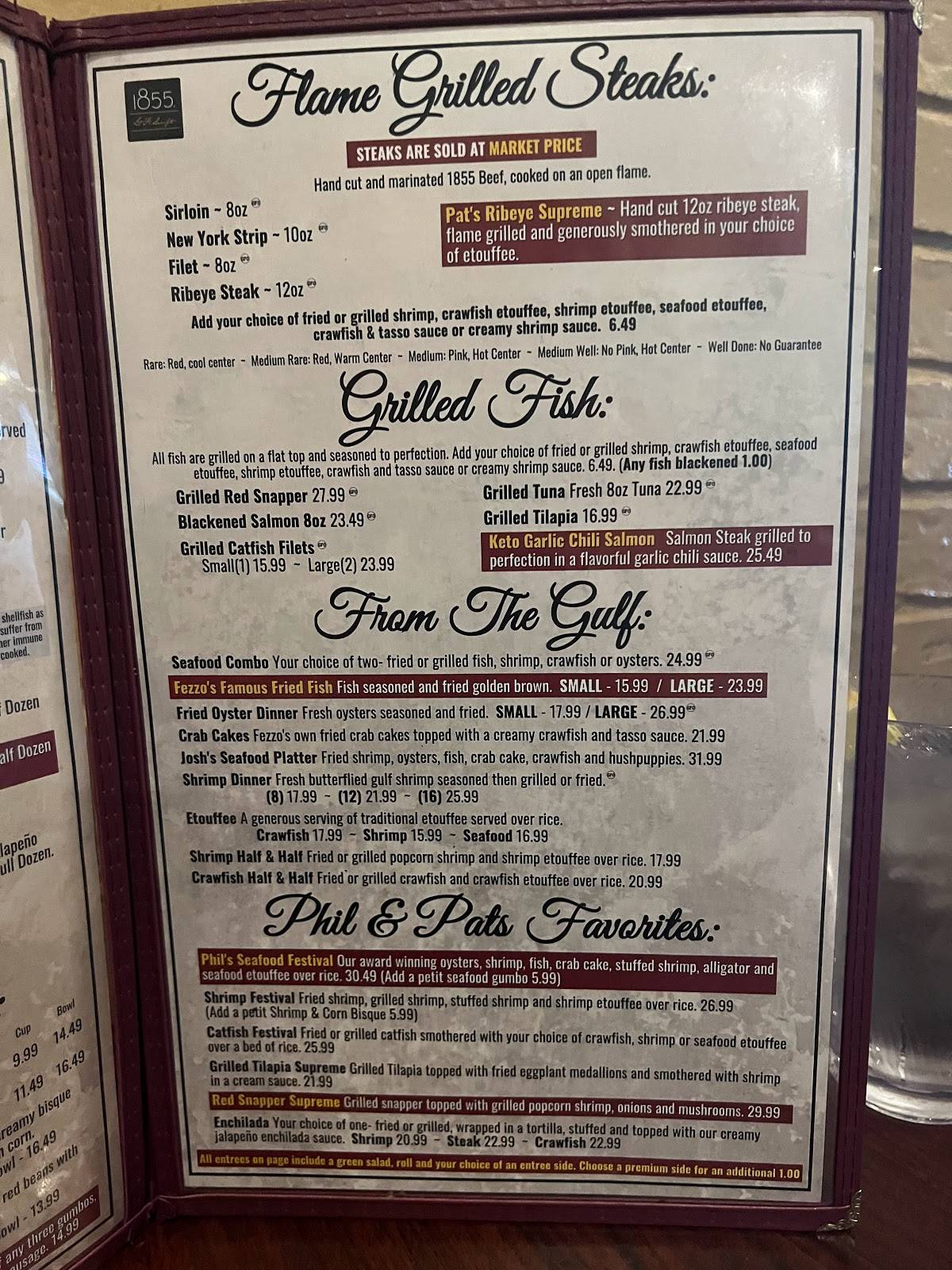 Menu at Fezzo's Seafood, Steakhouse and Oyster Bar of Crowley, Crowley