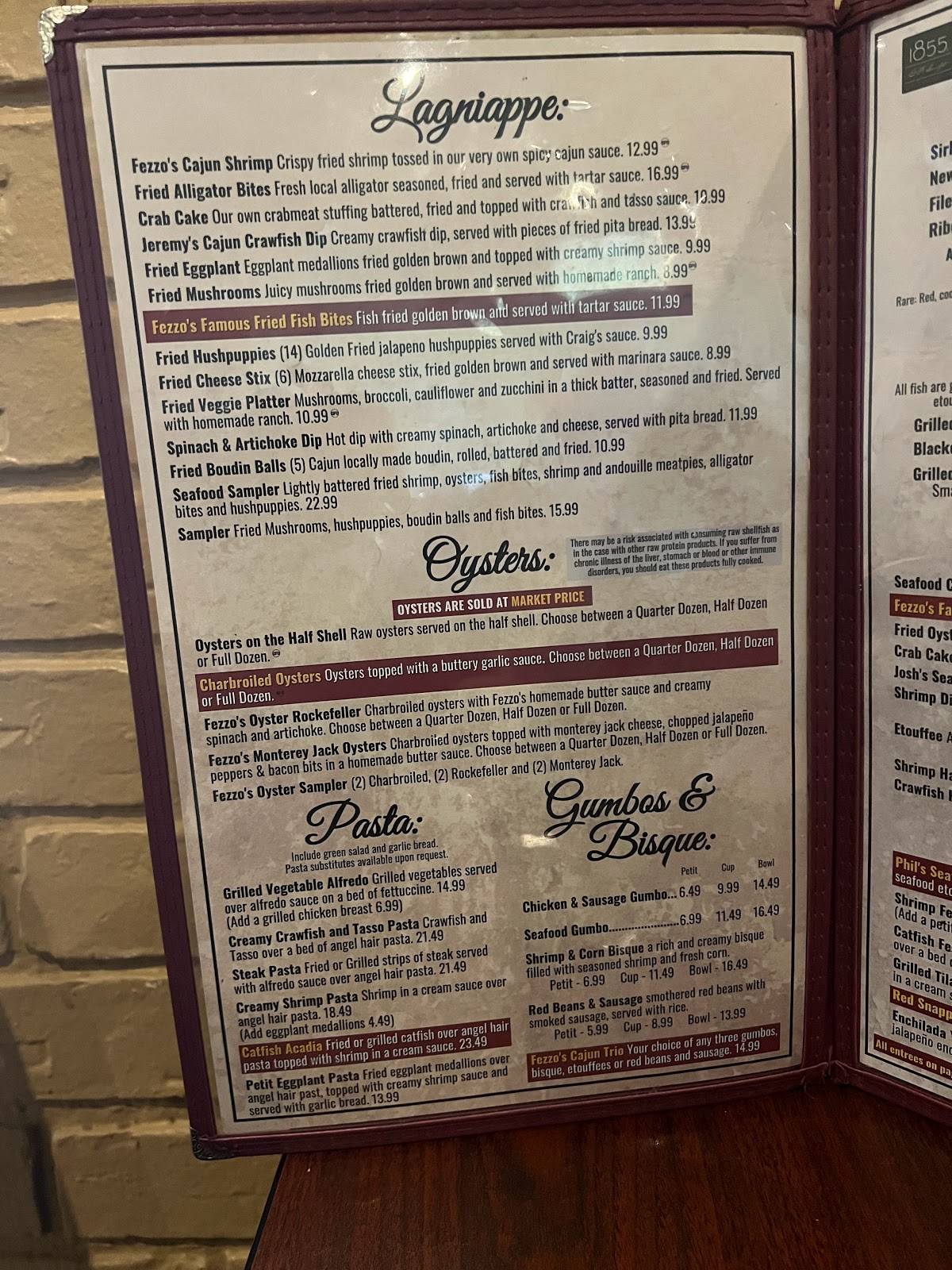 Menu at Fezzo's Seafood, Steakhouse and Oyster Bar of Crowley, Crowley