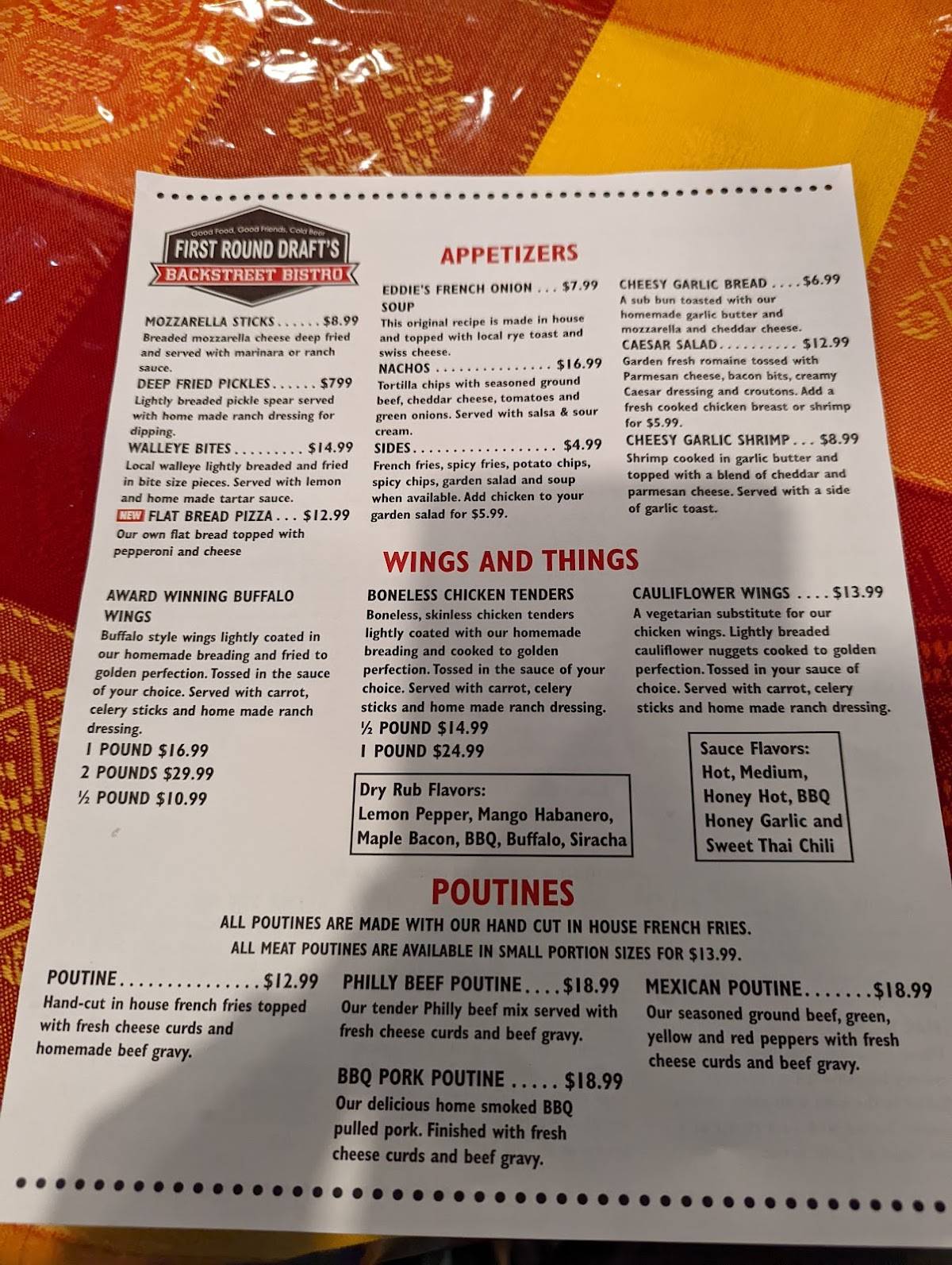 Menu at First Round Draft's Backstreet Bistro restaurant, Atikokan