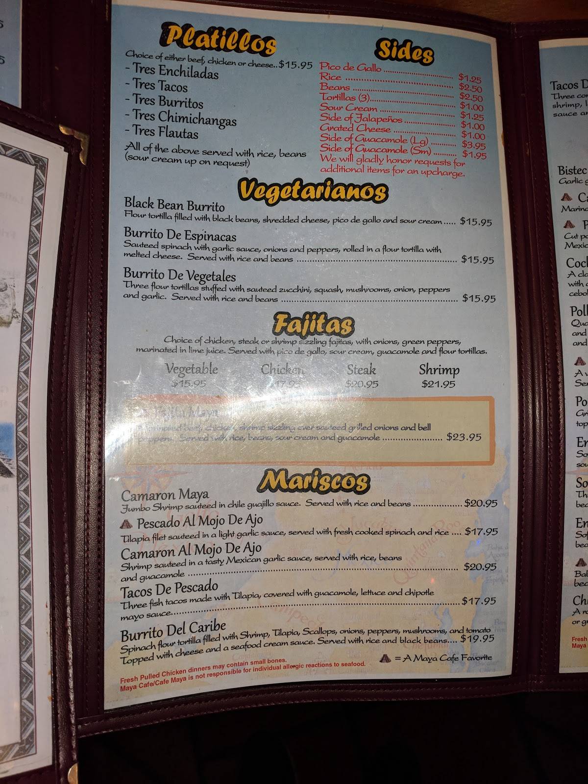 Menu at Maya Cafe, Fishkill