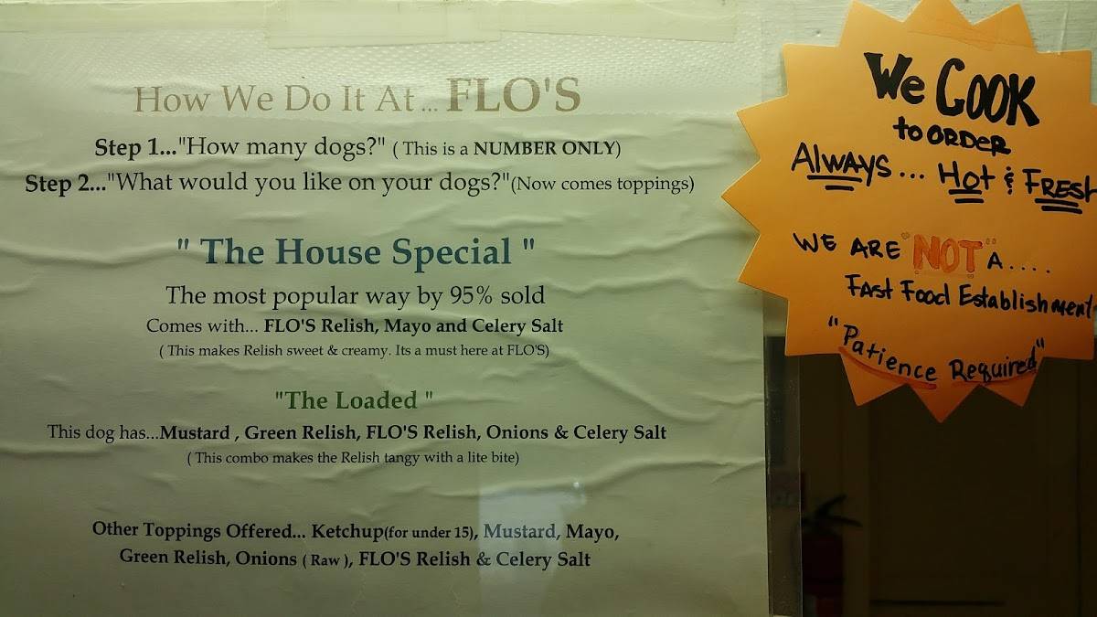 Menu at Flo's Hot Dogs restaurant, York