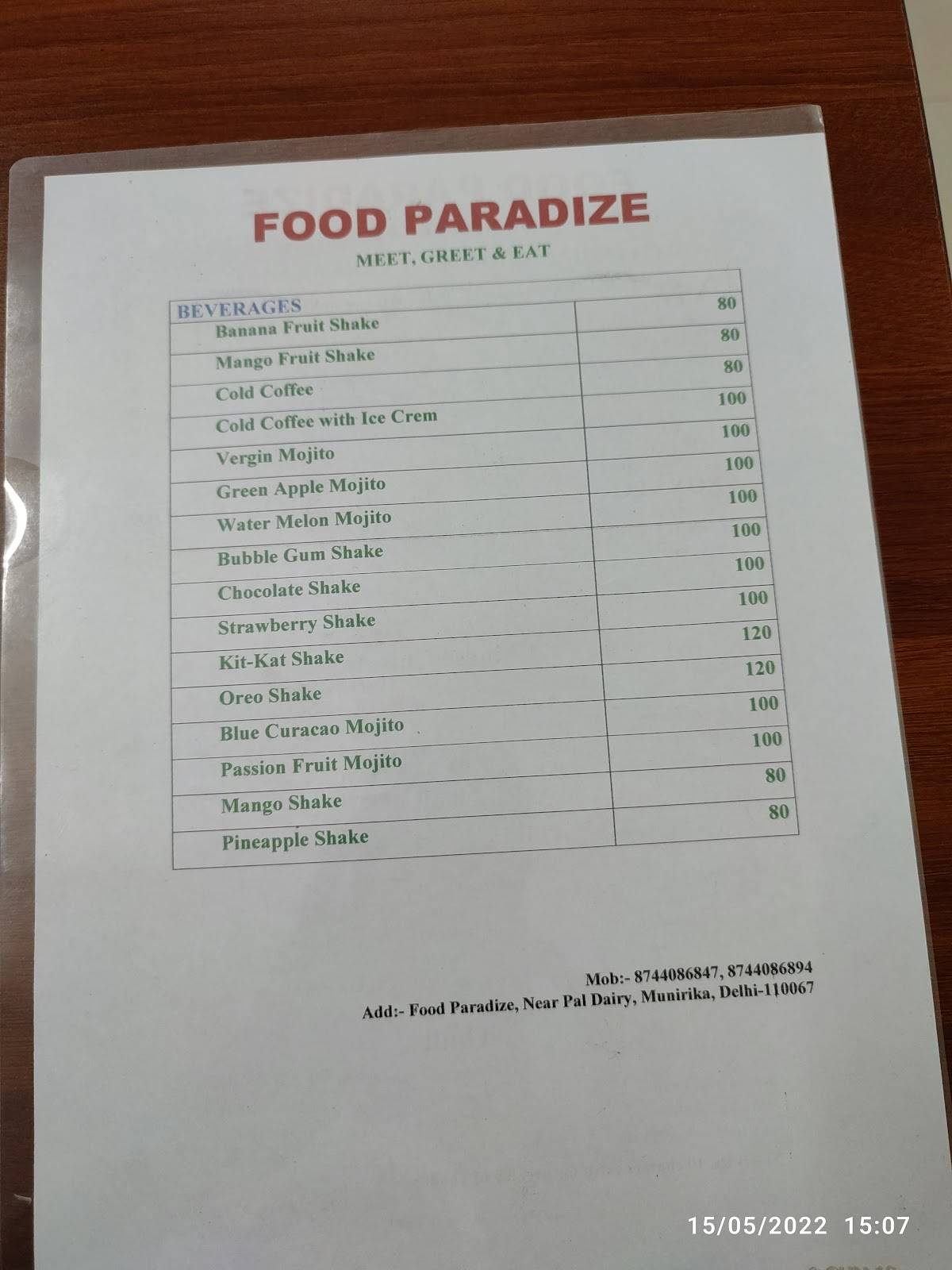 Menu at Food Paradize, New Delhi