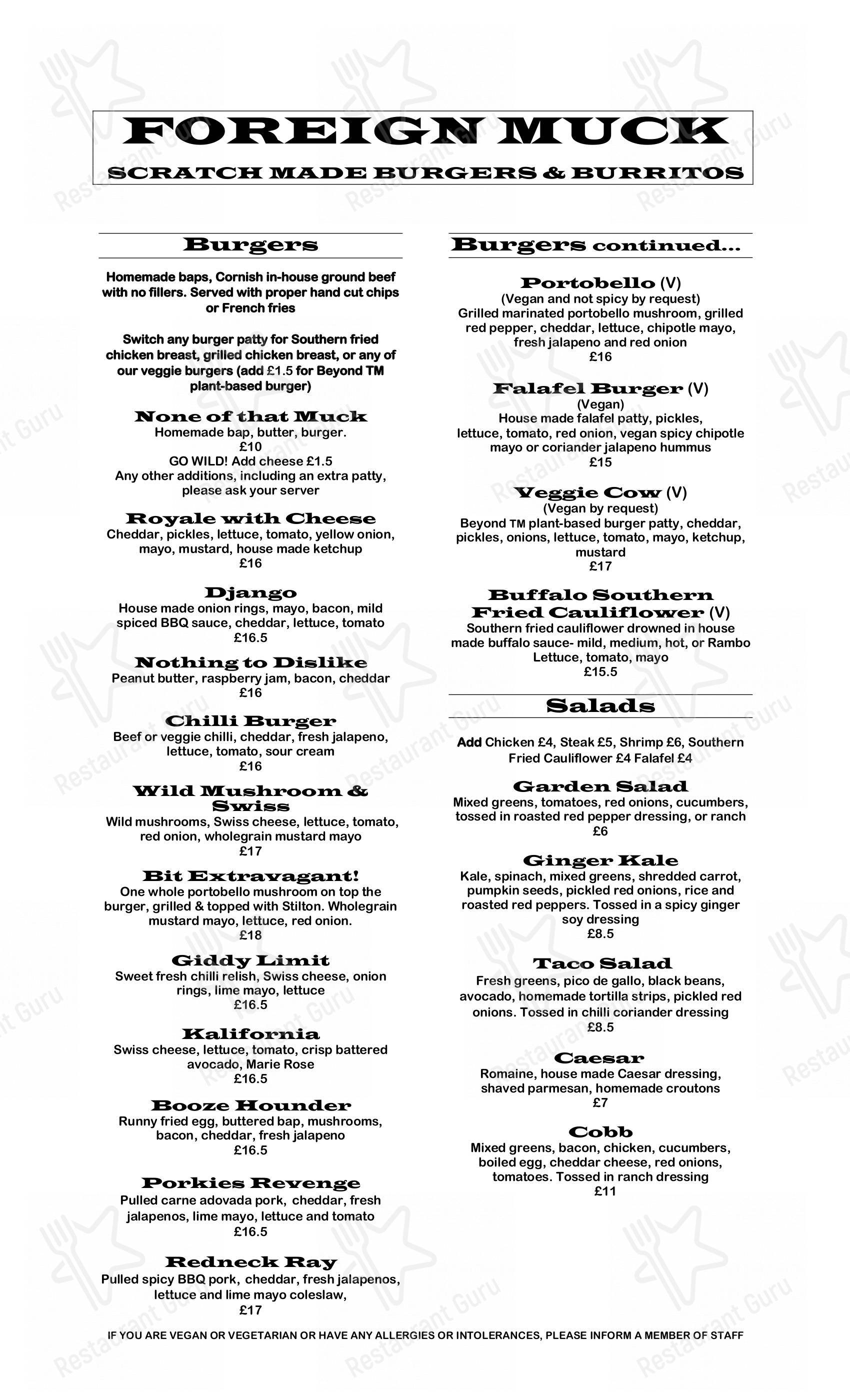 Menu at Foreign Muck restaurant, Saltash