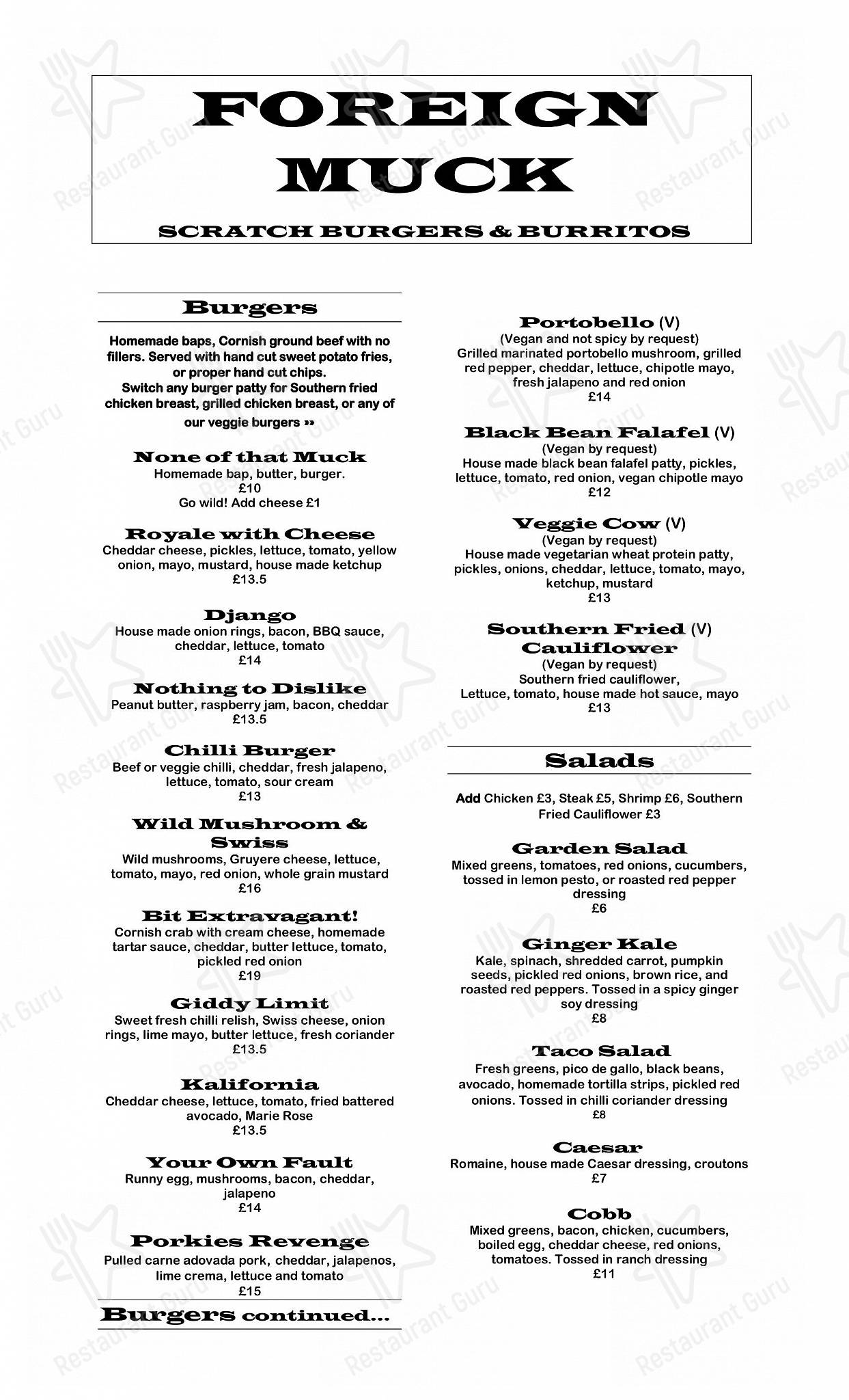 Menu at Foreign Muck restaurant, Saltash