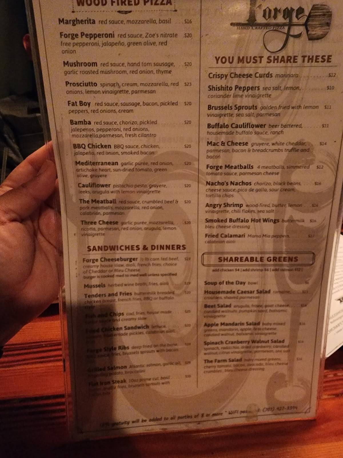 Carta del pub y bar Forge Pizza, Napa