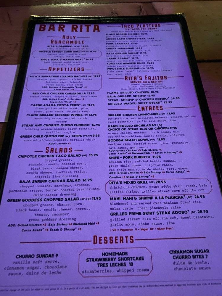 Menu at Bar Rita, Fort Lauderdale