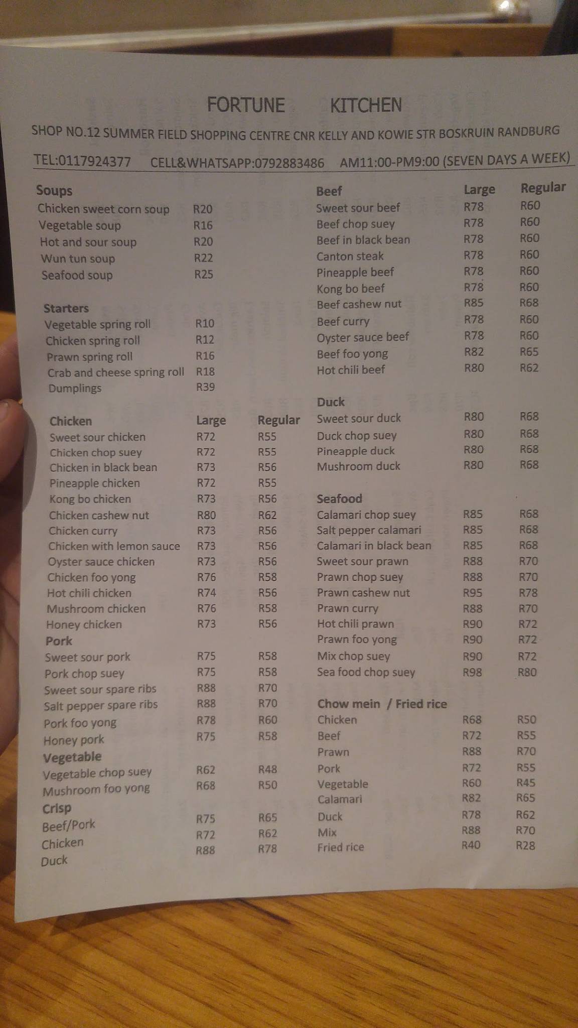 Menu at Fortune Kitchen restaurant, Johannesburg