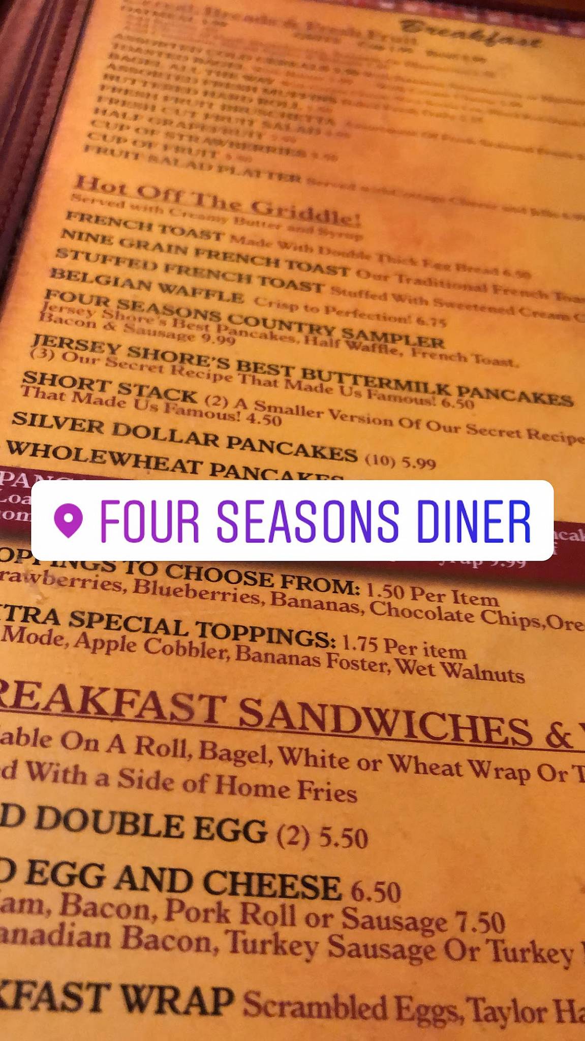 Menu at Four Seasons Diner restaurant, Toms River