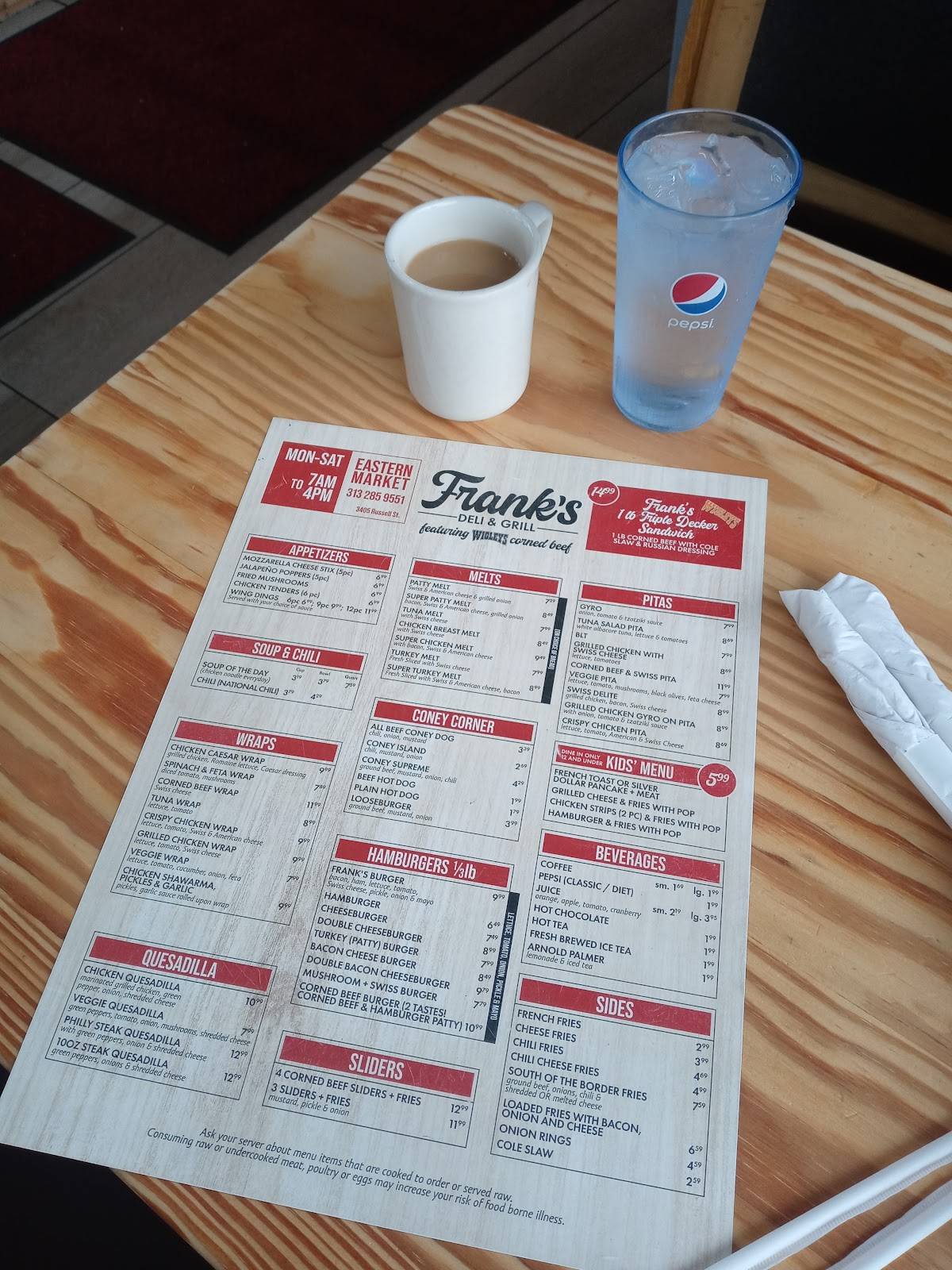 Menu at Frank's Deli & Grill restaurant, Detroit