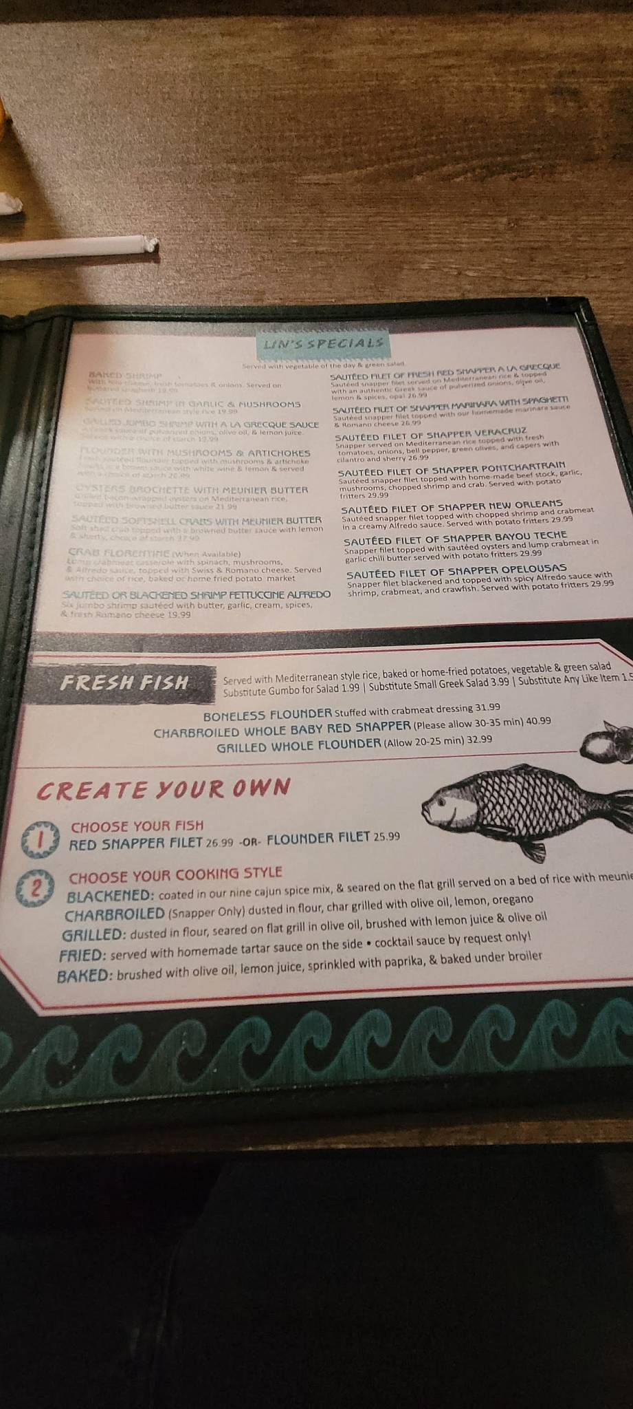 Menu at Red Snapper Inn restaurant, Surfside Beach