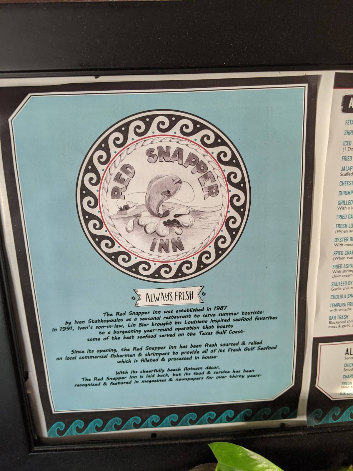 Menu at Red Snapper Inn restaurant, Surfside Beach