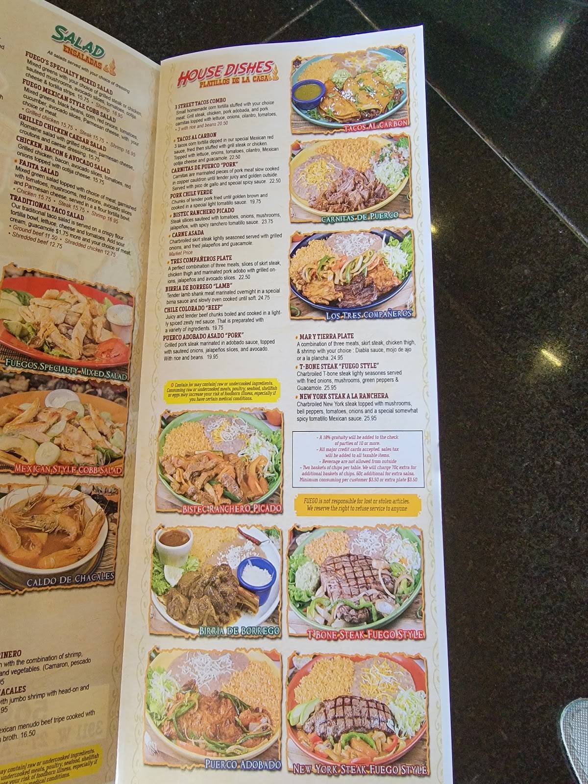Menu at Fuego Mexican Grill restaurant, Kennewick