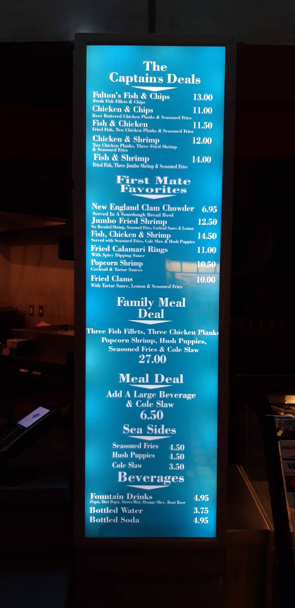 Menu at Fulton's Fish Fry fast food, Las Vegas